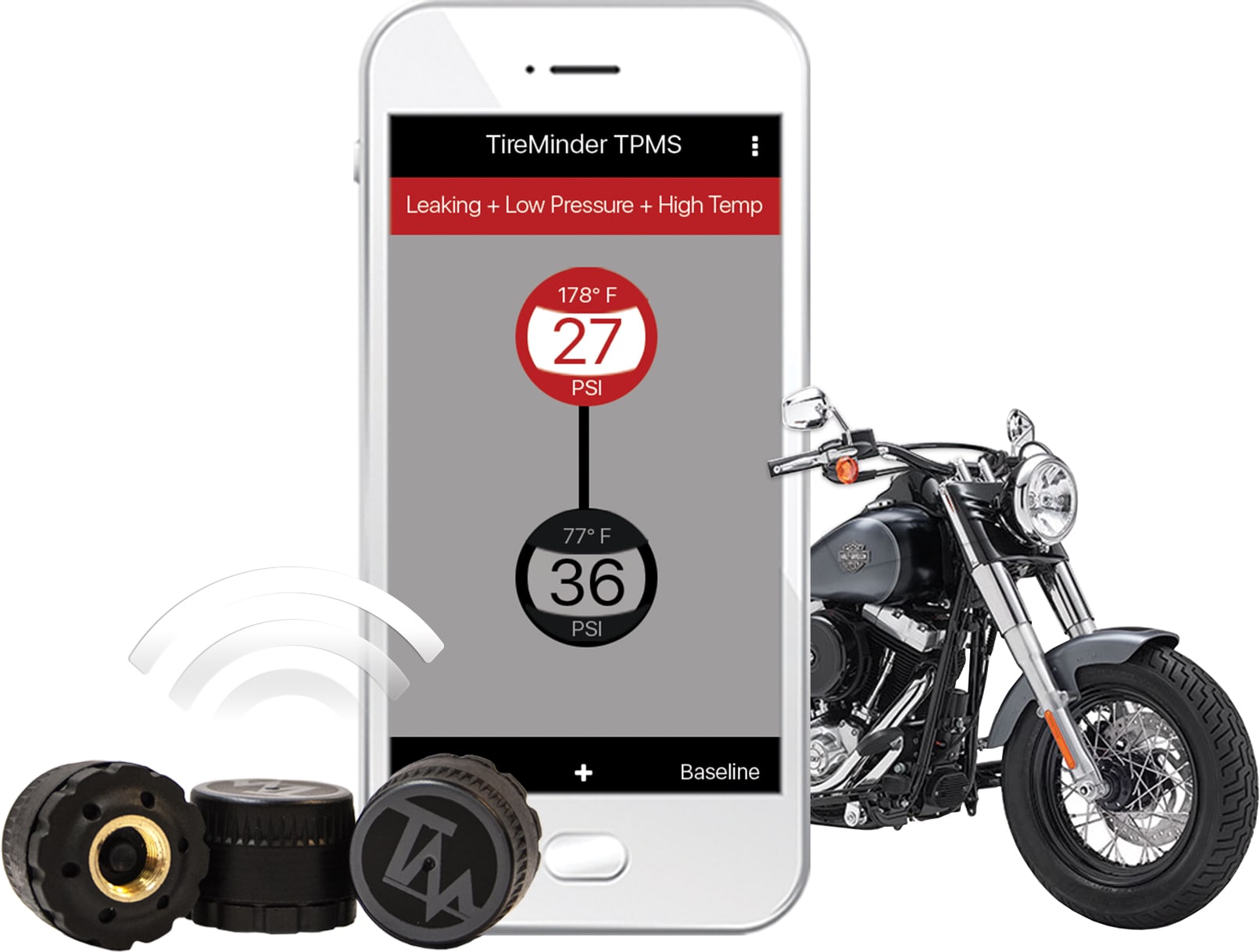 TireMinder® Motorcycle TPMS with 3 Bluetooth Transmitters
